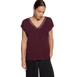 T-Shirt Zero "Damen mit V-Ausschnitt", Damen, Gr. 34, rot (schwarz aubergine), Jersey, Obermaterial: 55% Viskose, 45% Polyester, figurumspielend normal, V-Ausschnitt, Shirts T-Shirt, Spitze