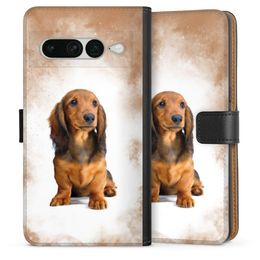 DeinDesign Google Pixel 7 Pro Handy Klapph&uuml;lle Handyh&uuml;lle aus Kunst Leder schwarz Flip Case Pet Dachshund Dog Sideflip mit langer Lasche