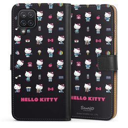 DeinDesign Galaxy A12 Handy Klapph&uuml;lle Handyh&uuml;lle aus Kunst Leder schwarz Flip Case Merchandise Kindheit Hello Kitty Sideflip mit langer Lasche
