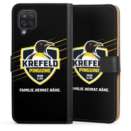 DeinDesign Galaxy A12 Handy Klapph&uuml;lle Handyh&uuml;lle aus Kunst Leder schwarz Flip Case Sports Krefeld Pinguine Ice Hockey Sideflip mit langer Lasche