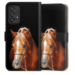 DeinDesign Galaxy A33 5G Handy Klapph&uuml;lle Handyh&uuml;lle aus Kunst Leder schwarz Flip Case Horse Hobby Mare Sideflip mit langer Lasche