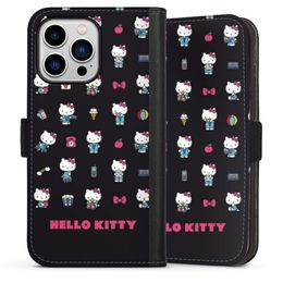DeinDesign iPhone 13 Pro Handy Klapph&uuml;lle Handyh&uuml;lle aus Kunst Leder schwarz Flip Case Kindheit Merchandise Hello Kitty Sideflip mit Lasche