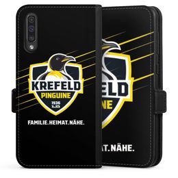 DeinDesign Galaxy A50 Handy Klapph&uuml;lle Handyh&uuml;lle aus Kunst Leder schwarz Flip Case Sports Krefeld Pinguine Ice Hockey Sideflip mit Lasche