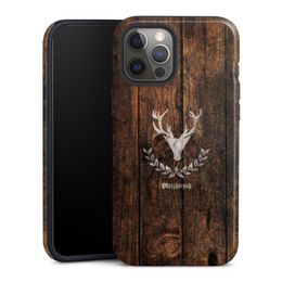 DeinDesign iPhone 12 Pro Max Handy Panzer Handyh&uuml;lle robuste Outdoor H&uuml;lle Schutzh&uuml;lle gl&auml;nzend Wooden Look Deer Wood Tough Case