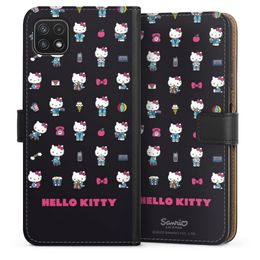 DeinDesign Galaxy A22 5G Handy Klapph&uuml;lle Handyh&uuml;lle aus Kunst Leder schwarz Flip Case Merchandise Kindheit Hello Kitty Sideflip mit langer Lasche