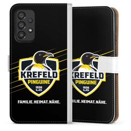DeinDesign Galaxy A33 5G Handy Klapph&uuml;lle Handyh&uuml;lle aus Kunst Leder wei&szlig; Flip Case Ice Hockey Sports Krefeld Pinguine Sideflip mit Lasche