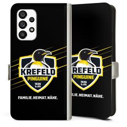 DeinDesign Galaxy A53 5G Handy Klapph&uuml;lle Handyh&uuml;lle aus Kunst Leder wei&szlig; Flip Case Sports Krefeld Pinguine Ice Hockey Sideflip mit Lasche