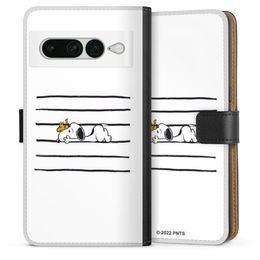 DeinDesign Google Pixel 7 Pro Handy Klapph&uuml;lle Handyh&uuml;lle aus Kunst Leder schwarz Flip Case Snoopy Dog Peanuts Sideflip mit langer Lasche