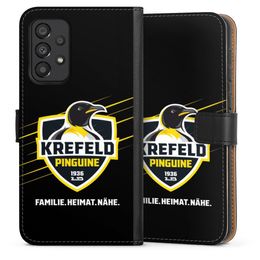 DeinDesign Galaxy A33 5G Handy Klapph&uuml;lle Handyh&uuml;lle aus Kunst Leder schwarz Flip Case Ice Hockey Sports Krefeld Pinguine Sideflip mit langer Lasche