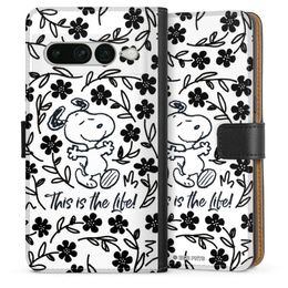 DeinDesign Google Pixel 7 Pro Handy Klapph&uuml;lle Handyh&uuml;lle aus Kunst Leder schwarz Flip Case Peanuts Flowers Snoopy Sideflip mit langer Lasche