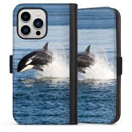 DeinDesign iPhone 13 Pro Handy Klapph&uuml;lle Handyh&uuml;lle aus Kunst Leder schwarz Flip Case Orca Ocean Wale Sideflip mit Lasche
