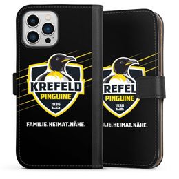 DeinDesign iPhone 13 Pro Max Handy Klapph&uuml;lle Handyh&uuml;lle aus Kunst Leder schwarz Flip Case Sports Krefeld Pinguine Ice Hockey Sideflip mit langer Lasche