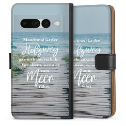 DeinDesign Google Pixel 7 Pro Handy Klapph&uuml;lle Handyh&uuml;lle aus Kunst Leder schwarz Flip Case Statement Beach Spruch Sideflip mit langer Lasche