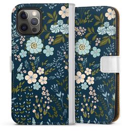 DeinDesign iPhone 12 Pro Max Handy Klapph&uuml;lle Handyh&uuml;lle aus Kunst Leder wei&szlig; Flip Case Blue Muster Flowers Sideflip mit Lasche
