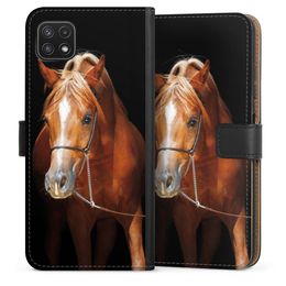 DeinDesign Galaxy A22 5G Handy Klapph&uuml;lle Handyh&uuml;lle aus Kunst Leder schwarz Flip Case Horse Hobby Mare Sideflip mit langer Lasche
