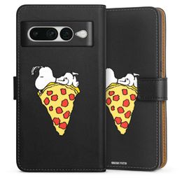 DeinDesign Google Pixel 7 Pro Handy Klapph&uuml;lle Handyh&uuml;lle aus Kunst Leder schwarz Flip Case Peanuts Pizza Snoopy Sideflip mit langer Lasche