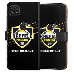 DeinDesign Galaxy A22 5G Handy Klapph&uuml;lle Handyh&uuml;lle aus Kunst Leder schwarz Flip Case Sports Krefeld Pinguine Ice Hockey Sideflip mit langer Lasche
