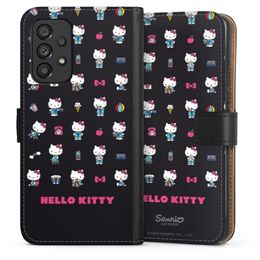 DeinDesign Galaxy A53 5G Handy Klapph&uuml;lle Handyh&uuml;lle aus Kunst Leder schwarz Flip Case Kindheit Merchandise Hello Kitty Sideflip mit langer Lasche