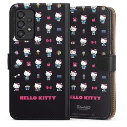 DeinDesign Galaxy A33 5G Handy Klapph&uuml;lle Handyh&uuml;lle aus Kunst Leder schwarz Flip Case Merchandise Kindheit Hello Kitty Sideflip mit langer Lasche