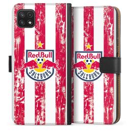 DeinDesign Galaxy A22 5G Handy Klapph&uuml;lle Handyh&uuml;lle aus Kunst Leder schwarz Flip Case Stripes Fc Red Bull Salzburg Official Licensed Product Sideflip mit langer