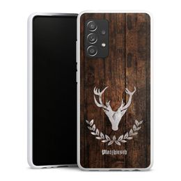 DeinDesign Galaxy A52s 5G Handy Silikon H&uuml;lle Case wei&szlig; Handyh&uuml;lle Wooden Look Deer Wood Silikon Case