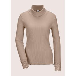 Madeleine Mode Langarmshirt MADELEINE "Rollkragenshirt Elegantes Basicshirt mit Spitze, Rollkragen", Damen, Gr. 46, beige (berber), Obermaterial: 74% Wolle mw. 10% Polyester PES. 9% Kaschmir WS. 2% diverse Faserarten dF. 2% Polyamid PA., Modern, normal, Rollkragen, Shirts Langarmshirt, Spitzenbesatz am &Auml;rmelabschluss