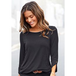 3/4-Arm-Shirt Vivance "mit Manschetten und goldfarbenen Kn&ouml;pfen", Damen, Gr. 36/38, blau (navy), Obermaterial: 95% Viskose (LENZING&trade; ECOVERO&trade;), 5% Elasthan, unifarben, Basic, figurumspielend normal, Rundhals, Shirts 3/4-Arm-Shirt, aus luftigem Viskose-Stretch