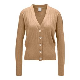 Madeleine Mode Strickjacke MADELEINE "Strickjacke Kurze Strickjacke mit V-Ausschnitt", Damen, Gr. 44/46, beige (caramel, melange), Obermaterial: 88% Viskose CV. 12% Elasthan EL., Modern, tailliert, V-Ausschnitt, Strickjacken Strickjacke