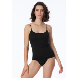 Spaghettitop Schiesser "Luxury", Damen, Gr. 38, schwarz, Rippware, Obermaterial: 100% Baumwolle, figurbetont h&uuml;ftbedeckend, tiefer Rundhals, Tops, ohne st&ouml;rende Seitenn&auml;hte, schmale Tr&auml;ger, extraflache Abschl&uuml;sse