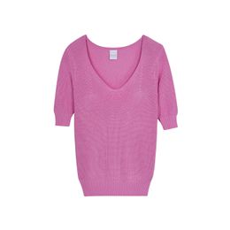 Madeleine Mode Longpullover MADELEINE "Pullover Strickpullover mit kurzen &Auml;rmeln", Damen, Gr. 34, pink (himbeersorbet), Obermaterial: 65% Viskose CV. 35% Polyamid PA., Modern, V-Ausschnitt, Pullover Longpullover