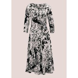 Madeleine Mode Midikleid MADELEINE "Kleid Kleid mit Unikat-Druck", Damen, Gr. 34, N-Gr, wei&szlig; (wei&szlig;, schwarz), Obermaterial: 100% Viskose CV., Modern, normal, V-Ausschnitt, Kleider Midikleid