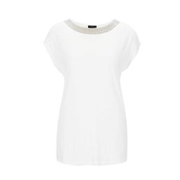 Kurzarmshirt GOLDNER "Kurzgr&ouml;&szlig;e Elegantes Oberteil mit Glitzersteinen", Damen, Gr. 25, wei&szlig; (cremewei&szlig;), Obermaterial: 95% Viskose CV. 5% Elasthan EL., figurumspielend, U-Boot-Ausschnitt, Gerade, Shirts, Glitzersteine
