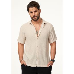 Kurzarmhemd Carisma "im Vintage Summer-Look als Strickhemd", Herren, Gr. L, US, beige, Obermaterial: 50% Baumwolle CO. 30% Polyacryl PAN. 20% Polyester PES., Hemden, Herren Kurzarm Strick Polo-Hemd T-Shirt im lockeren Retro-Stil