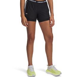 2-in-1-Shorts Under Armour "TECH", Damen, Gr. L, N-Gr, schwarz-wei&szlig; (schwarz, schwarz, wei&szlig;), Obermaterial: 100% Polyester, Hosen, sportliches Design, f&uuml;r Sportmode und Freizeit, leichtes Material