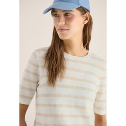 Kurzarmpullover Cecil, Damen, Gr. L (42), pearl beige, Web, 100% Baumwolle, gestreift, comfort fit normal, Rundhals, Rippb&uuml;ndchen, Pullover, aus reiner Baumwolle