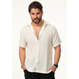 Kurzarmhemd Carisma "im Vintage Summer-Look als Strickhemd", Herren, Gr. XL, US, wei&szlig; (ecru), Obermaterial: 50% Baumwolle CO. 30% Polyacryl PAN. 20% Polyester PES., Hemden, Herren Kurzarm Strick Polo-Hemd T-Shirt im lockeren Retro-Stil