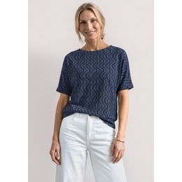 T-Shirt Street One, Damen, Gr. 34, ashen blau, Stoff, 95% Viskose, 5% Elasthan, gemustert, normal normal, U-Boot-Ausschnitt, abgesteppt, Shirts T-Shirt, mit Elastikbund