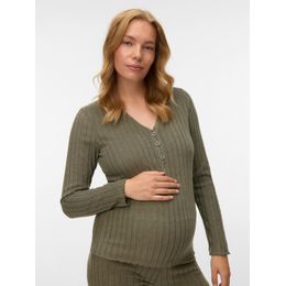V-Shirt MAMALICIOUS "MLFELIZIA LIA LS JRS TOP 2F NOOS", Damen, Gr. L, grape leaf detail:melange, Jersey, Obermaterial: 95% Polyester, 5% Elasthan, meliert, normal, V-Ausschnitt, gewellter Abschluss, Shirts, in Rippenoptik