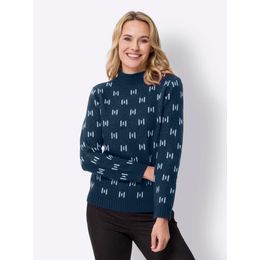 Stehkragenpullover Classic Basics "Stehkragen-Pullover", Damen, Gr. 38, blau (dunkelblau, ecru, gemustert), 100% Polyacryl, gemustert, mehrfarbig, Pullover Stehkragenpullover
