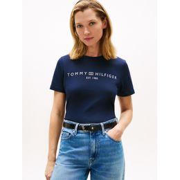 Kurzarmshirt Tommy Hilfiger "REG CORP LOGO C-NK SS", Damen, Gr. L (40), blau (schwarz night navy), Jersey, Obermaterial: 100% Baumwolle, bedruckt, unifarben, normal h&uuml;ftlang, Rundhals, eingesetzt abgesteppte Kante, Shirts, Baumwolle