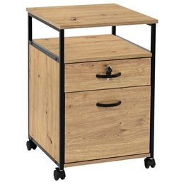 CARRYHOME Rollcontainer, Schwarz, Eiche Artisan, Metall, Holzwerkstoff, 1 F&auml;cher, 2 Schublade(n) Schubladen, 43x66x45 cm, Beim&ouml;bel erh&auml;ltlich, Arbeitszimmer, Container, Rollcontainer