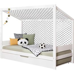 Livetastic Ausziehbett FU&szlig;BALLBETT 0406, Wei&szlig;, Holz, Kiefer,Birke, massiv,Schichtholz, 90x200 cm, Bettkasten, f&uuml;r Rollrost geeignet, Himmelfunktion, bodentiefer Einstieg, Kinder- & Jugendzimmer, Kinderm&ouml;bel, Kinderbetten, Ausziehbetten