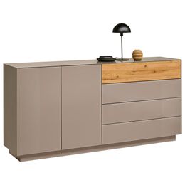 Novel Sideboard, Taupe, Eiche, Holz, Glas, Holzwerkstoff, Eiche, massiv, 2 F&auml;cher, 3 Schublade(n) Schubladen, 189x90x42 cm, stehend, Abdeckplatte aus Glas, spiegelbildliche Montage m&ouml;glich, Holzm&ouml;bel, Kleinm&ouml;bel Holz, Holzkommoden, Sideboards Holz