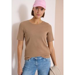 T-Shirt Cecil, Damen, Gr. L (42), creamy mocha, Web, 95% Baumwolle, 5% Elasthan, unifarben, comfort fit normal, Rundhals, abgesteppt, Shirts T-Shirt, mit Rundhalsausschnitt