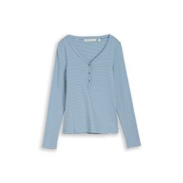 Tom Tailor Denim Damen Slim Fit Henley Langarmshirt mit Streifenmuster, blau, Gestreift, Gr. XL