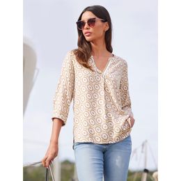 Schlupfbluse Heine, Damen, Gr. 42, beige (ecru, sesam, bedruckt), 100% Viskose, bedruckt, gemustert, mehrfarbig, V-Ausschnitt, Blusen Schlupfbluse