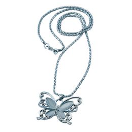 Kette mit Anh&auml;nger Steuer "Metall Schmetterling geb&uuml;rstet Katzenauge syn. wei&szlig;", silber (silbergrau), Halsketten, Damen, 55cm, Metall, L: 55 B: 3mm, matt, B:3mm