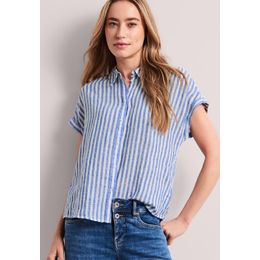 Kurzarmbluse Street One, Damen, Gr. 44, drift blau, Web, 100% Leinen, gestreift, regular fit normal, V-Ausschnitt, Umschlagbund, Blusen, im Streifendesign