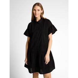 Hemdblusenkleid Tom Tailor Denim, Damen, Gr. L, N-Gr, schwarz (deep schwarz), Web, Obermaterial: 100% Baumwolle. Futter: 100% Viskose, unifarben, normal, Rundhals, Trompeten&auml;rmel, Kleider, Sommerkleid mit H&auml;kel-Details
