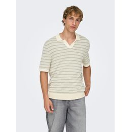 Only & Sons Polokragenpullover ONLY & SONS "ONSTILO REG SS SPLIT NECK KNIT NOOS", Herren, Gr. L, gardenia detail:seagrass, Strick, Obermaterial: 100% Baumwolle, gestreift, regular fit normal, V-Ausschnitt, B&uuml;ndchen, Pullover, Baumwolle, regular fit
